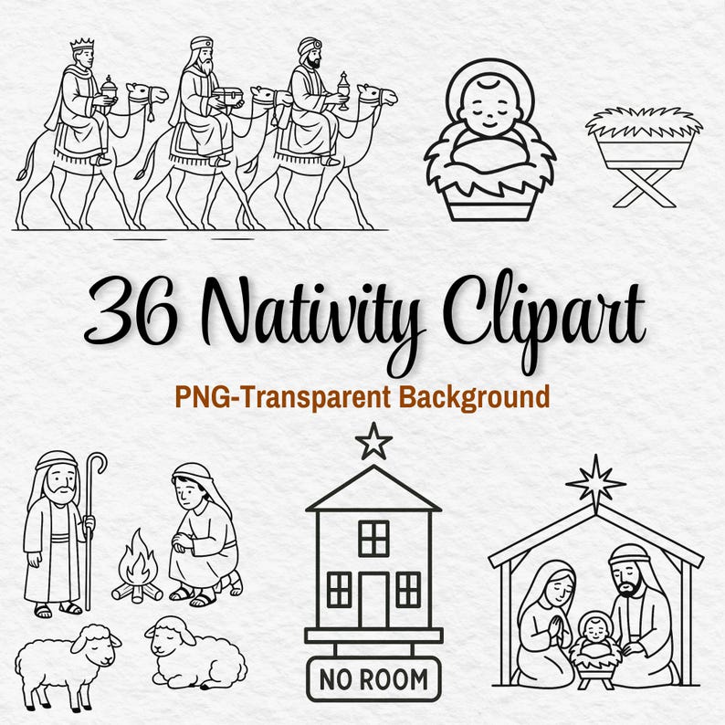 Nativity Clipart Set | 36 Black and White Line Art Pngs (digital ...