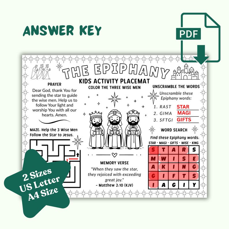 Epiphany Kids Activity Placemat Printable PDF| Christian Bible ...