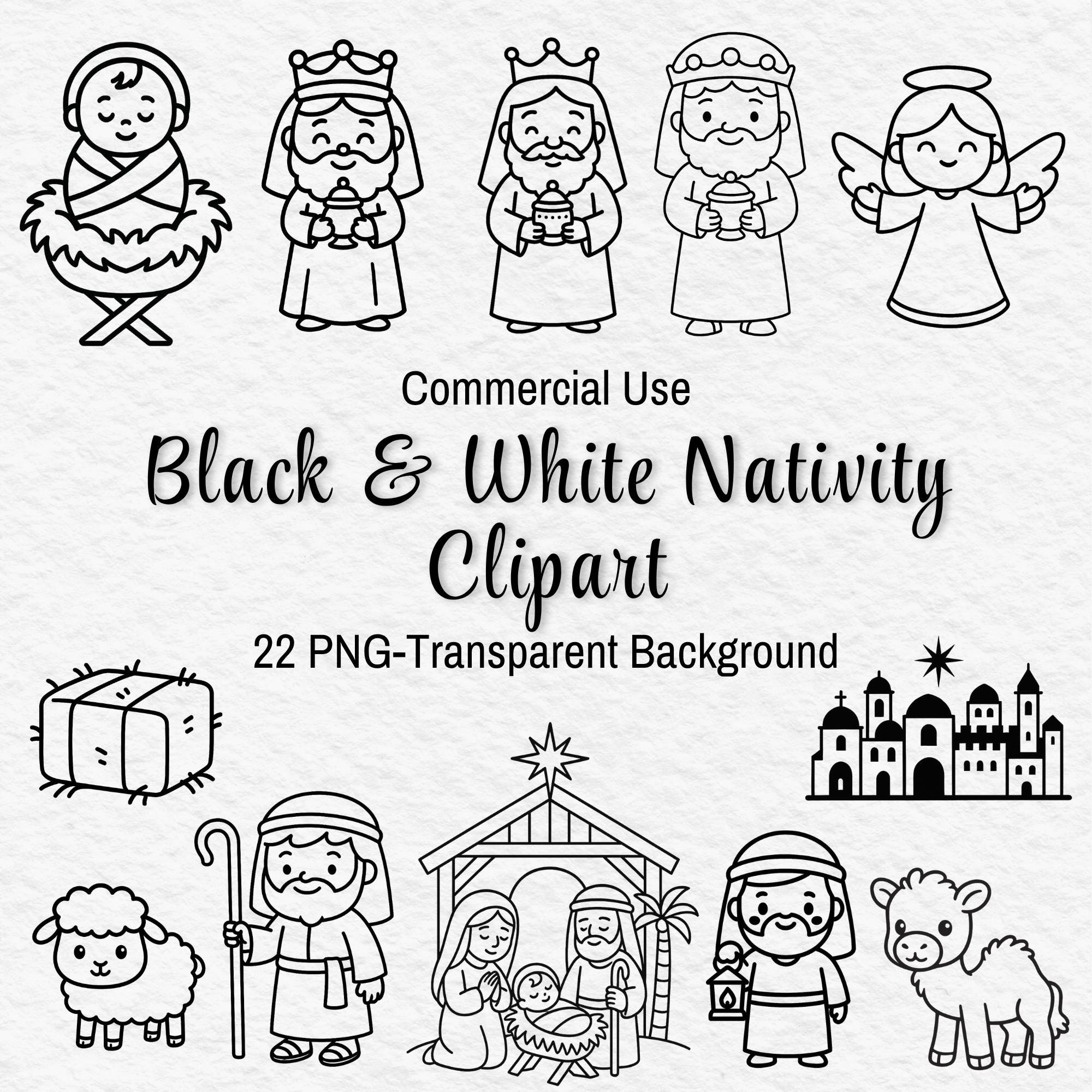 Nativity Clipart Bundle | 22 Black & White PNG | Christmas Bible ...