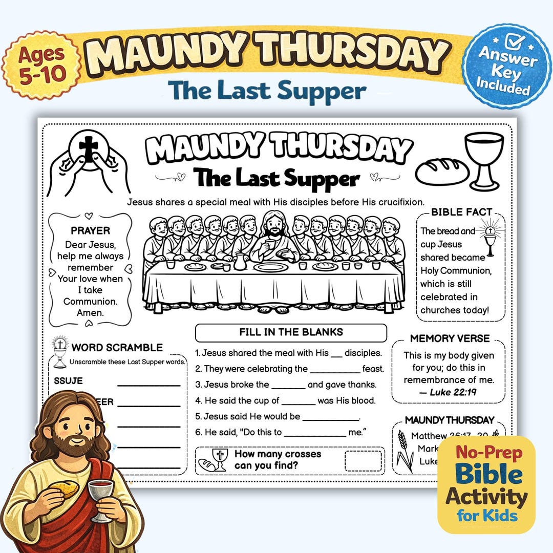 Maundy Thursday Worksheet for Kids | Last Supper Activity | Christian ...