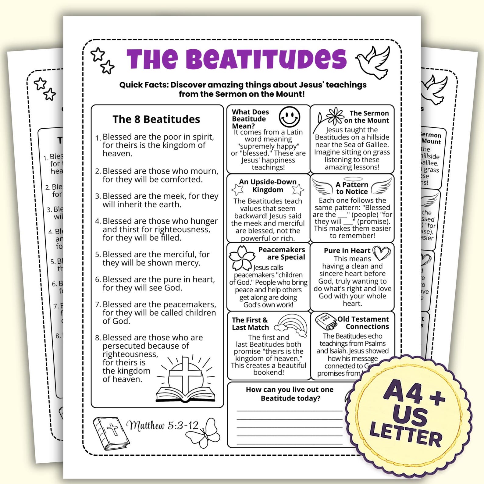 The Beatitudes Printable for Kids | Matthew 5:3–12 Bible Worksheet - Etsy