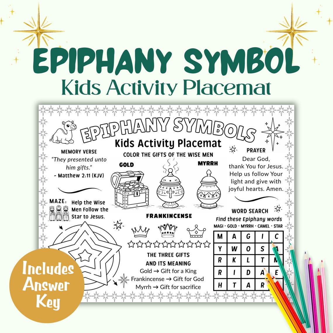 Epiphany Symbols Kids Placemat | Wise Men Gifts Bible Activity ...