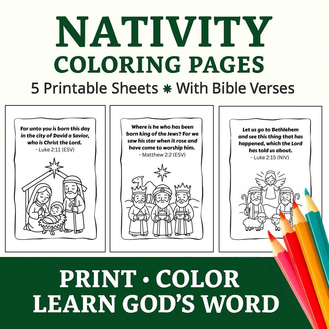 Nativity Coloring Pages Printable • 5 Bible Verse Sheets for Kids ...