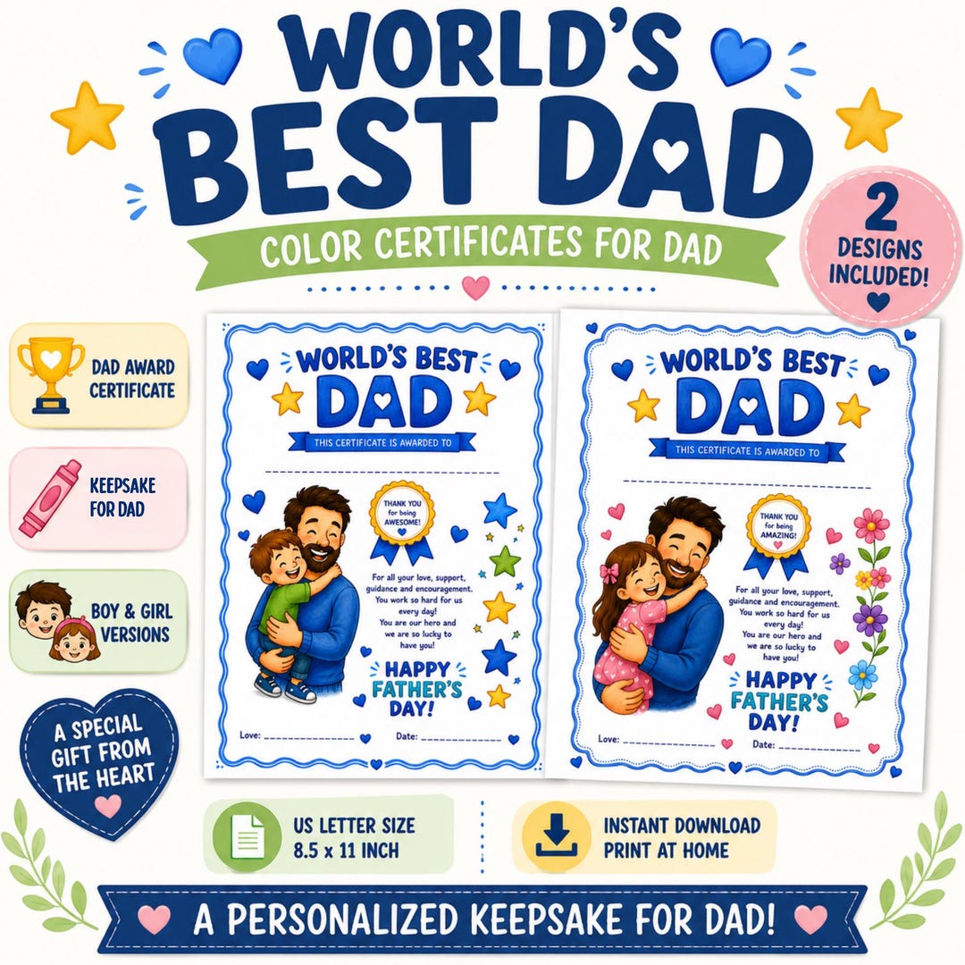 World's Best Dad Certificate Printable | Father's Day Pre-colored Dad ...