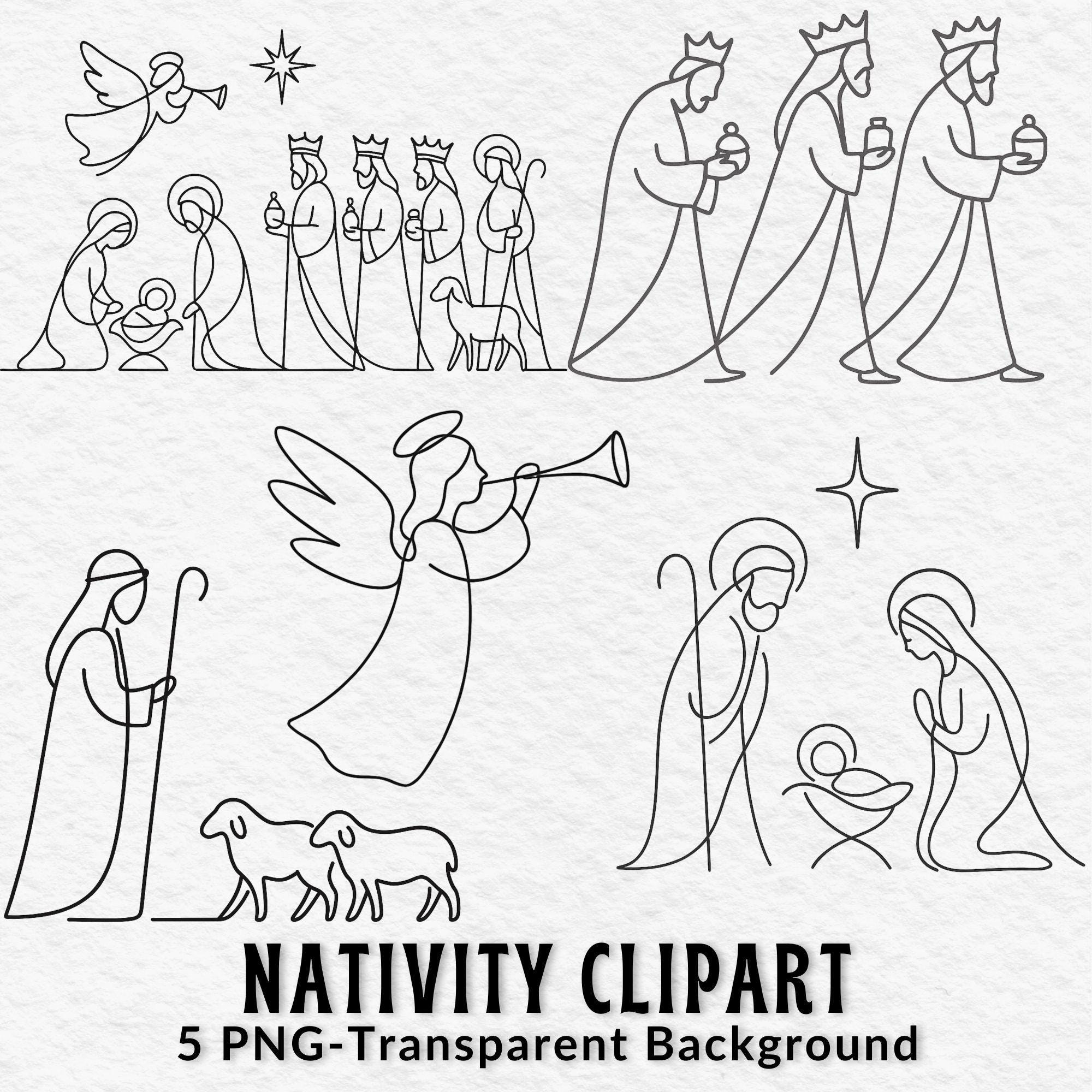 Nativity Clipart Line Art | 5 PNG Transparent | Christian Christmas ...