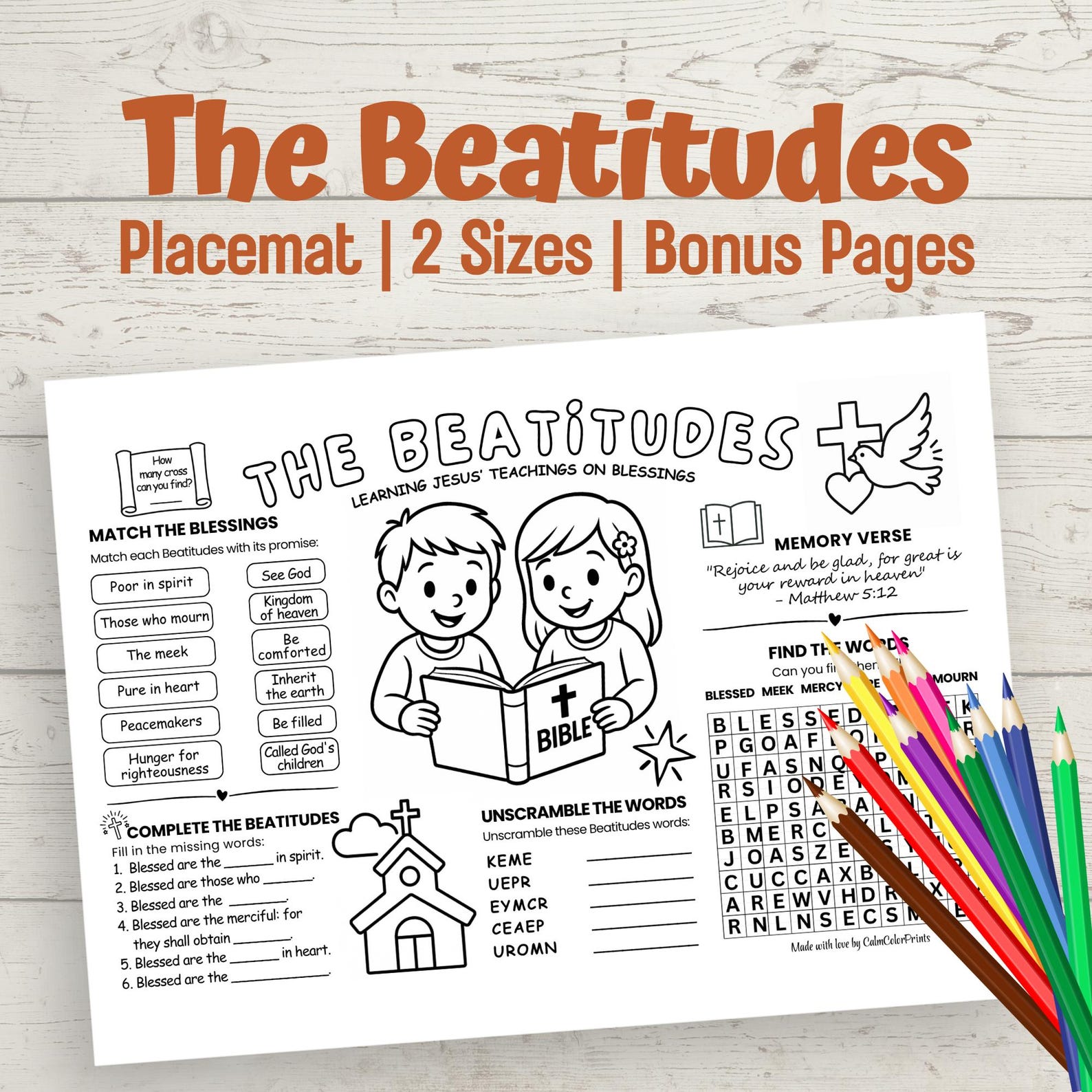 The Eight Beatitudes Activity Placemat Printable Bundle, Bible Verse ...