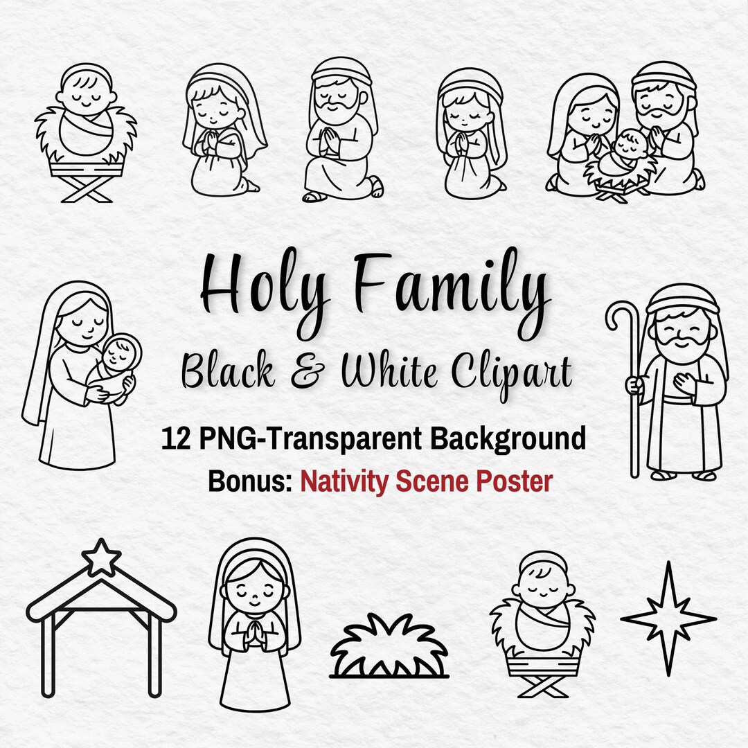 Holy Family Nativity Clipart Set | 12 B&W Transparent PNG | Baby Jesus ...
