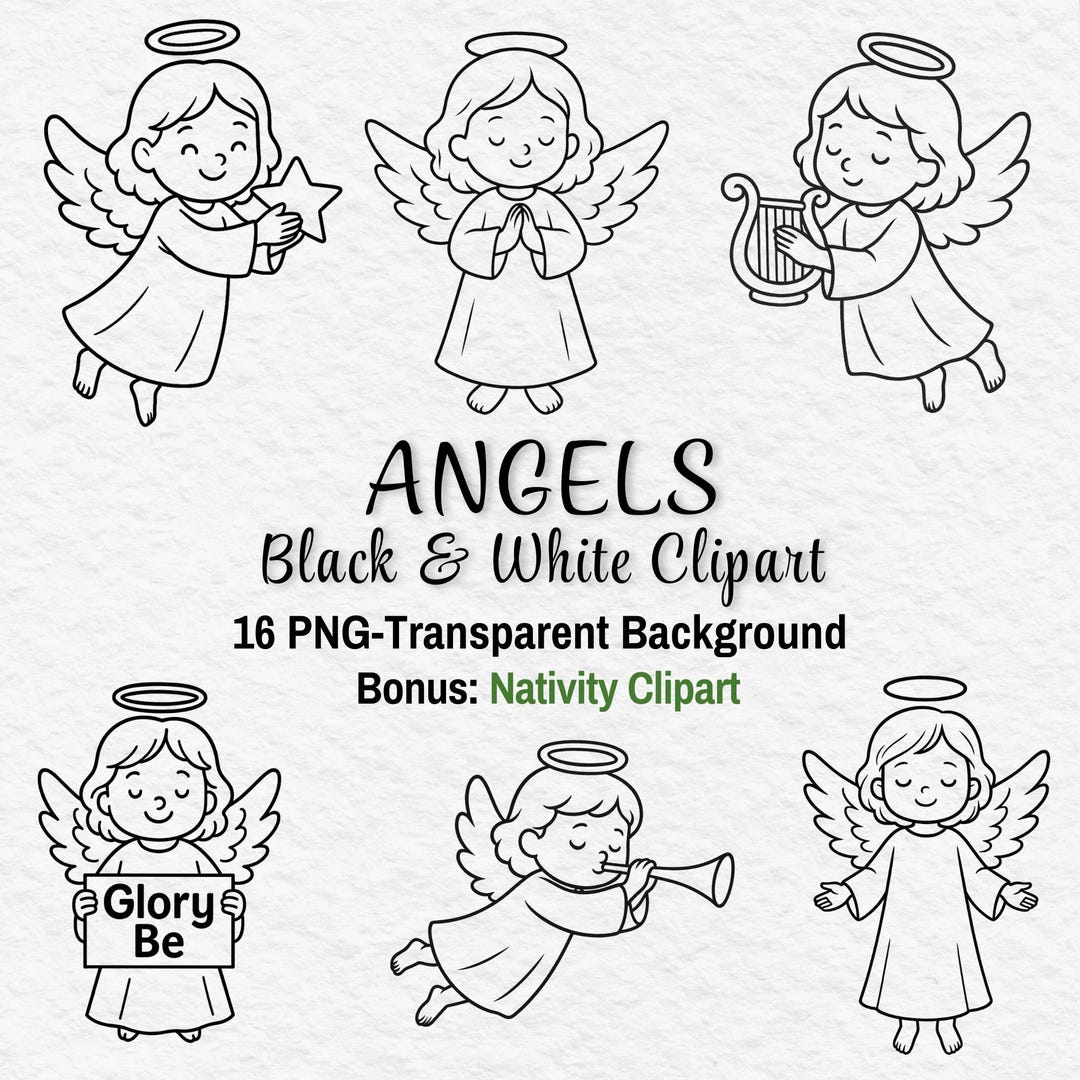 Black & White Angel Clipart | 16 PNG Christian Angels + Nativity Scene ...
