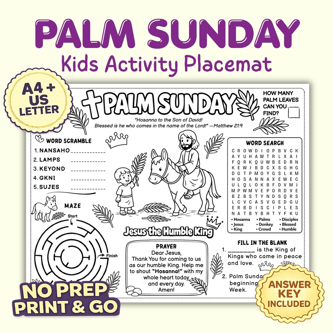 Palm Sunday Kids Activity Placemat Printable | Holy Week Worksheet ...