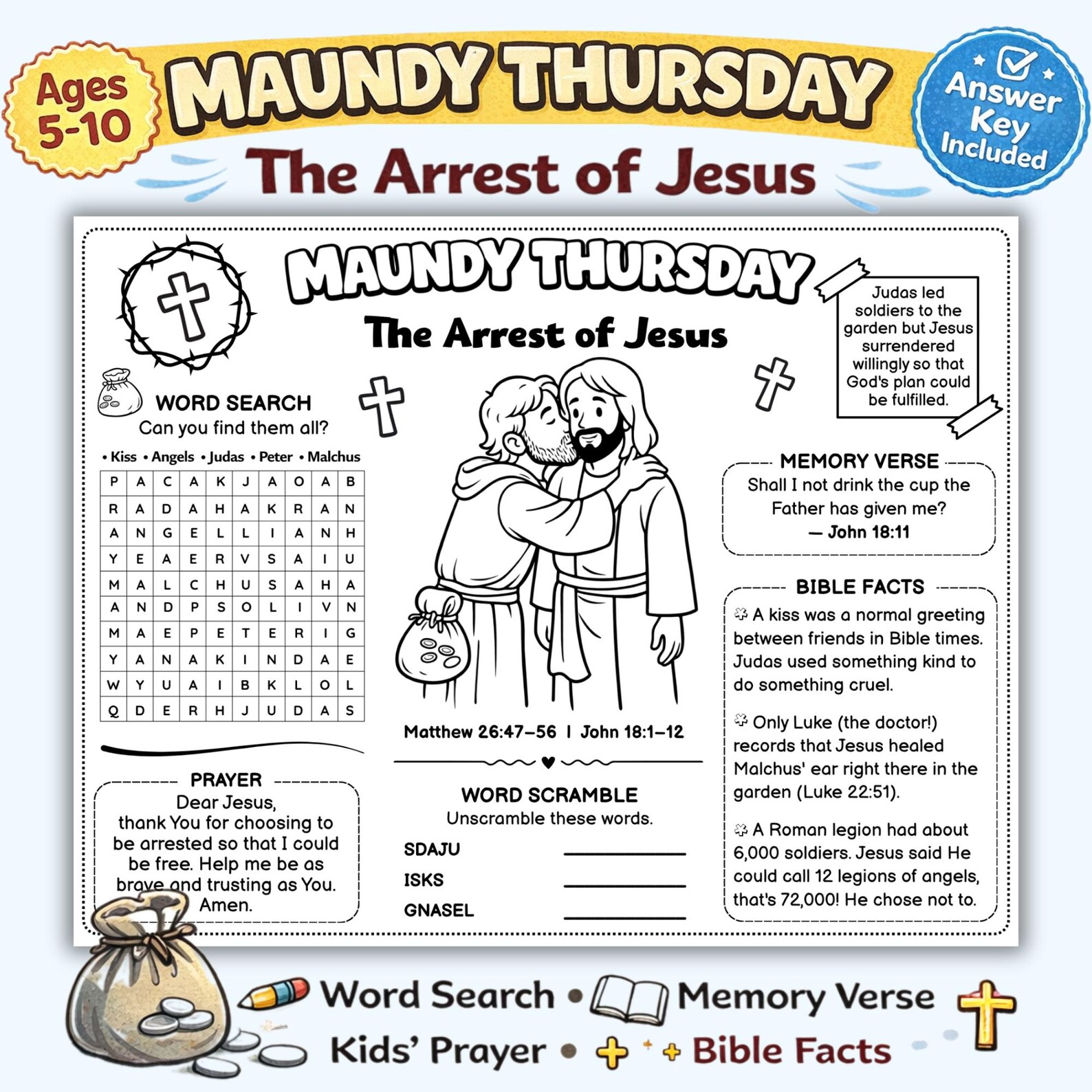 Maundy Thursday Worksheet for Kids | Arrest of Jesus Activity ...