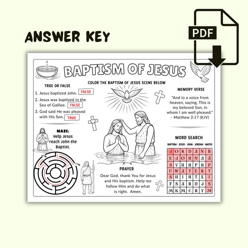Baptism of Jesus Activity Placemat for Kids | Bible Worksheet | Sunday ...