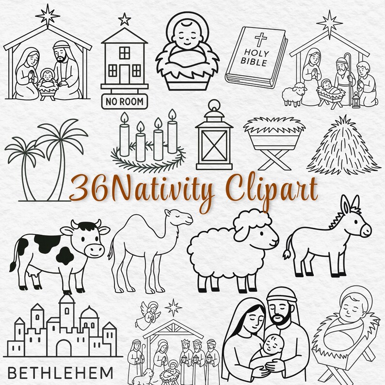 Nativity Clipart Set | 36 Black and White Line Art Pngs (digital ...