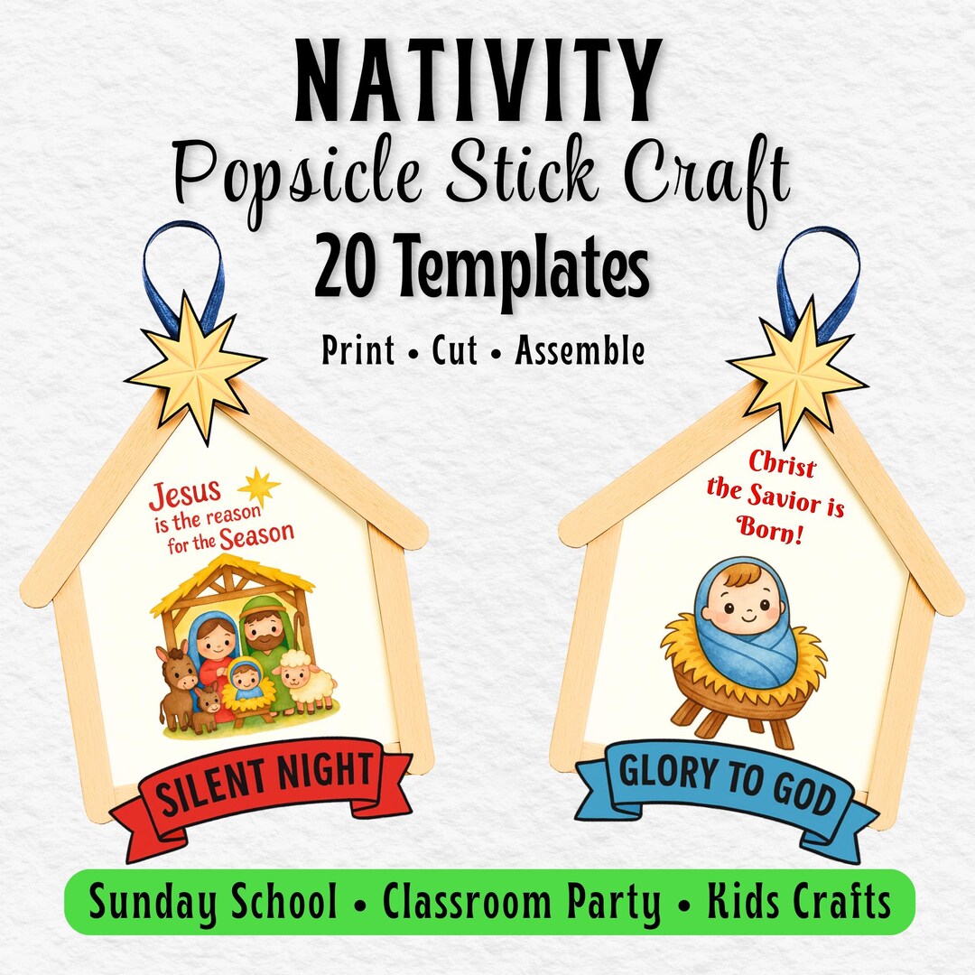 Nativity Popsicle Stick Craft Template | 20 Colored Ornaments | Cut ...
