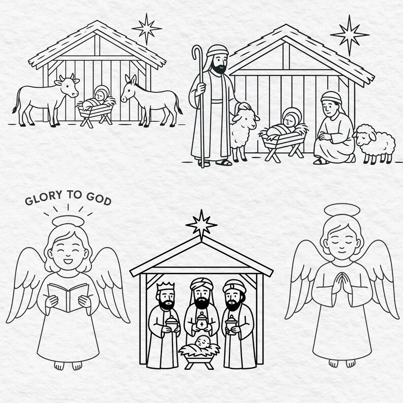 Nativity Clipart Set | 36 Black and White Line Art Pngs (digital ...