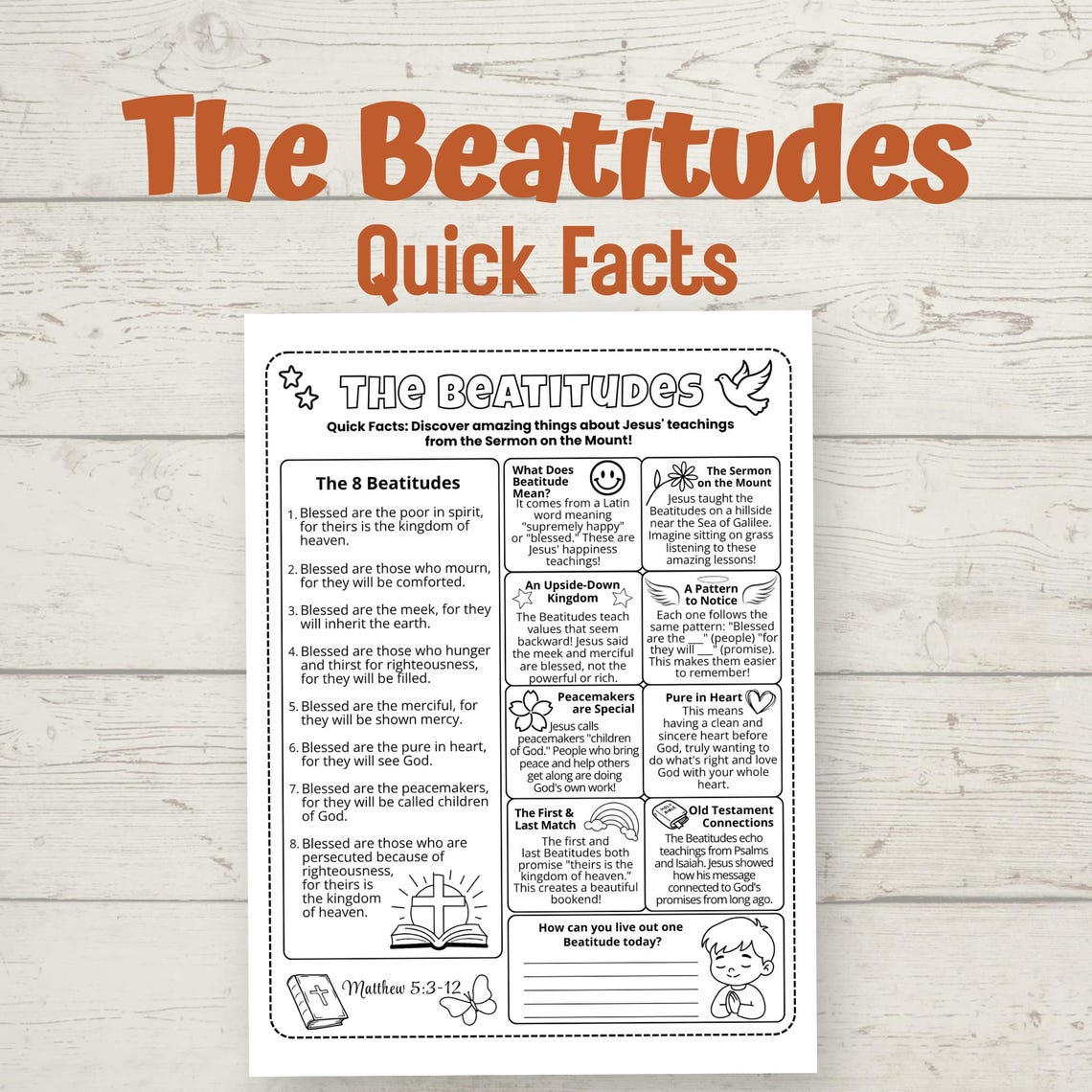 The Eight Beatitudes Activity Placemat Printable Bundle, Bible Verse ...