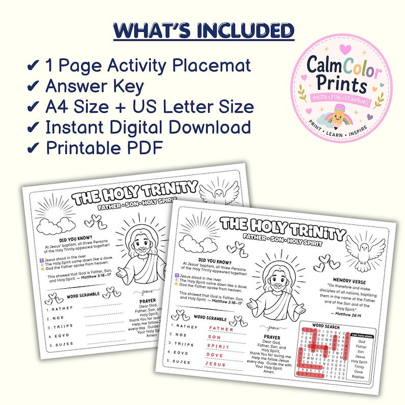 Holy Trinity Activity Placemat for Kids | Sunday School Religious ...