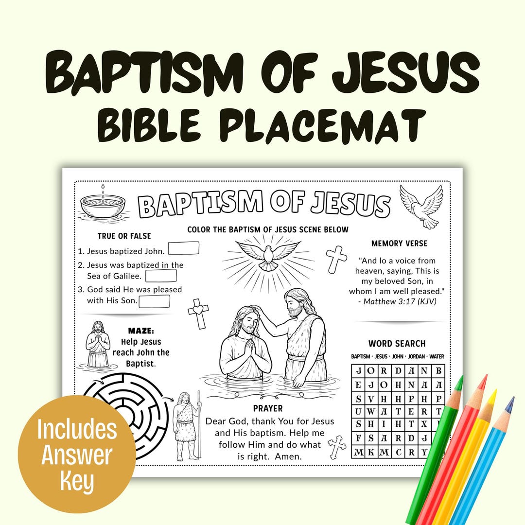 Baptism of Jesus Activity Placemat for Kids | Bible Worksheet | Sunday ...