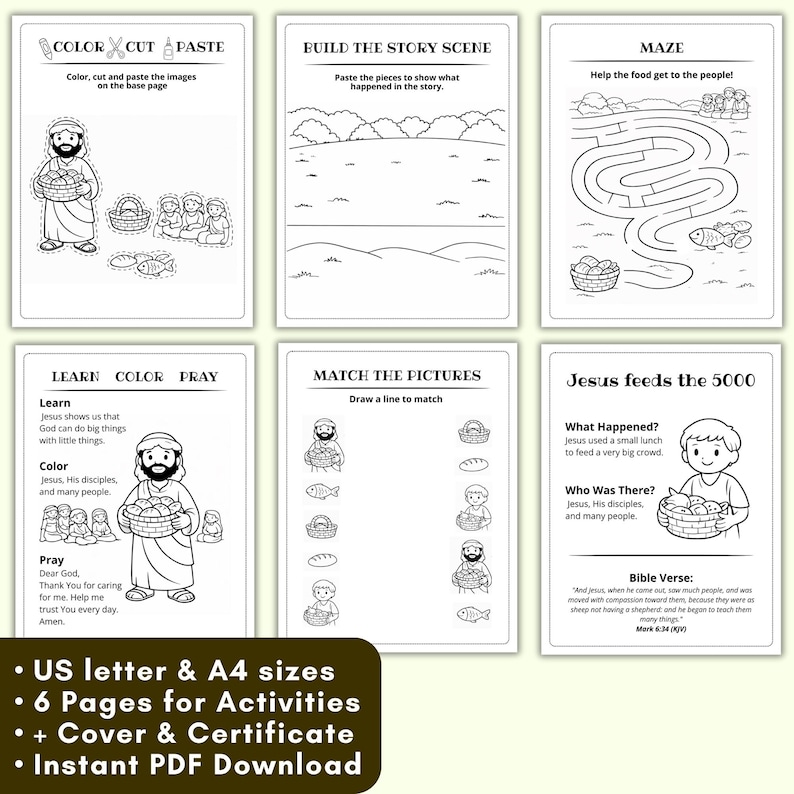 Jesus Feeds the 5000 Activity Pack for Kids | Bible Worksheets for Ages ...