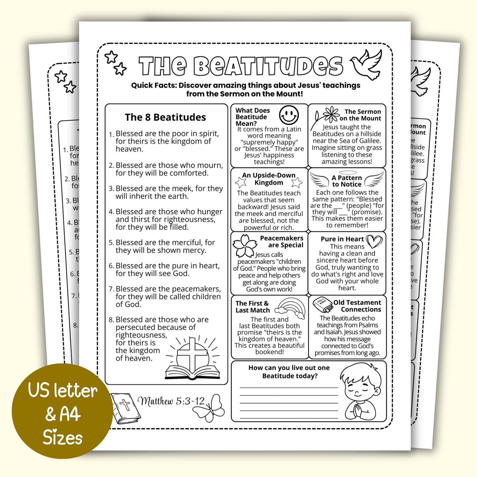 The Beatitudes Printable for Kids | Matthew 5:3–12 Bible Worksheet - Etsy