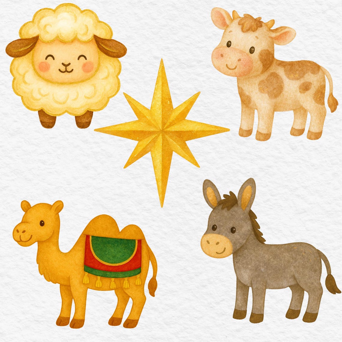 Gold Watercolor Nativity Clipart Set | Kawaii Christmas Holy Family PNG ...
