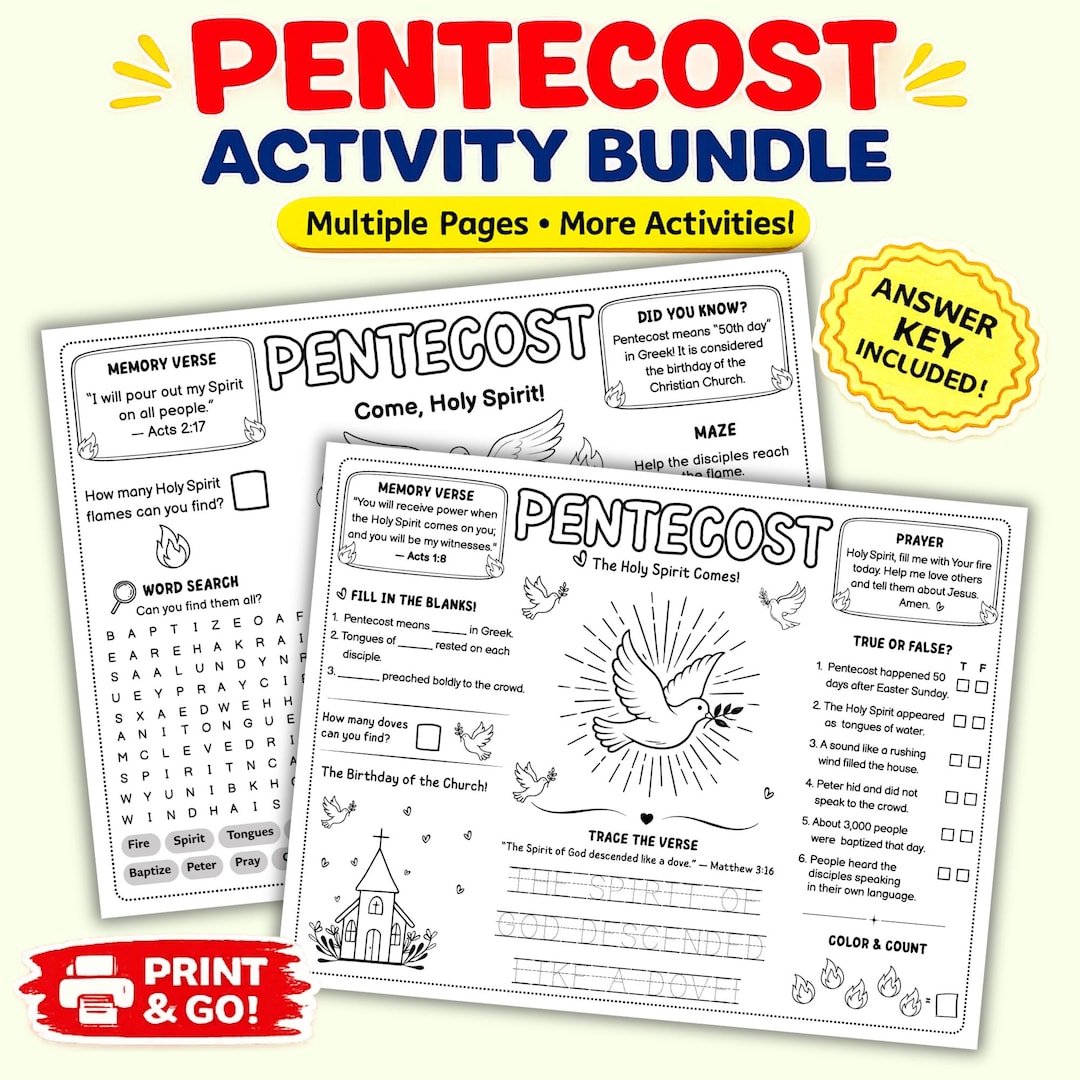 Pentecost Activity Bundle for Kids Printable | 2 Bible Placemats | Kids ...