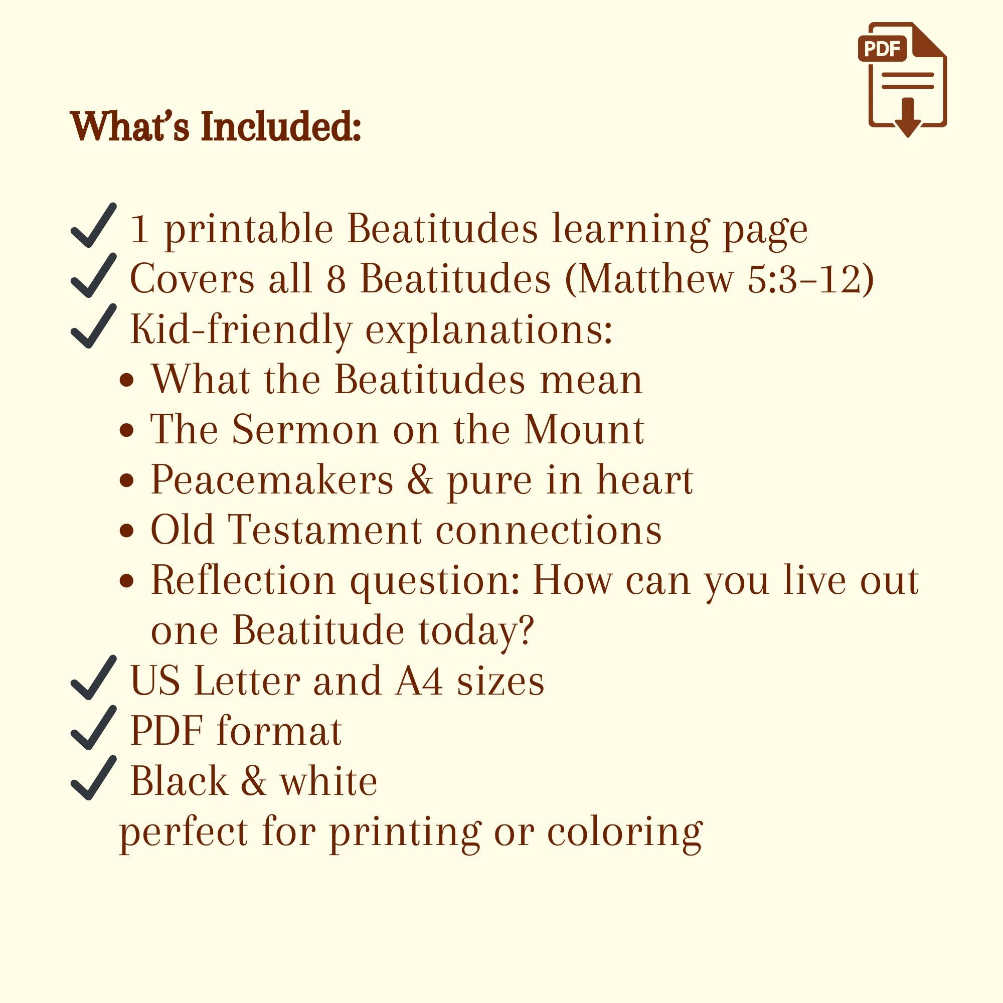 The Beatitudes Printable for Kids | Matthew 5:3–12 Bible Worksheet - Etsy
