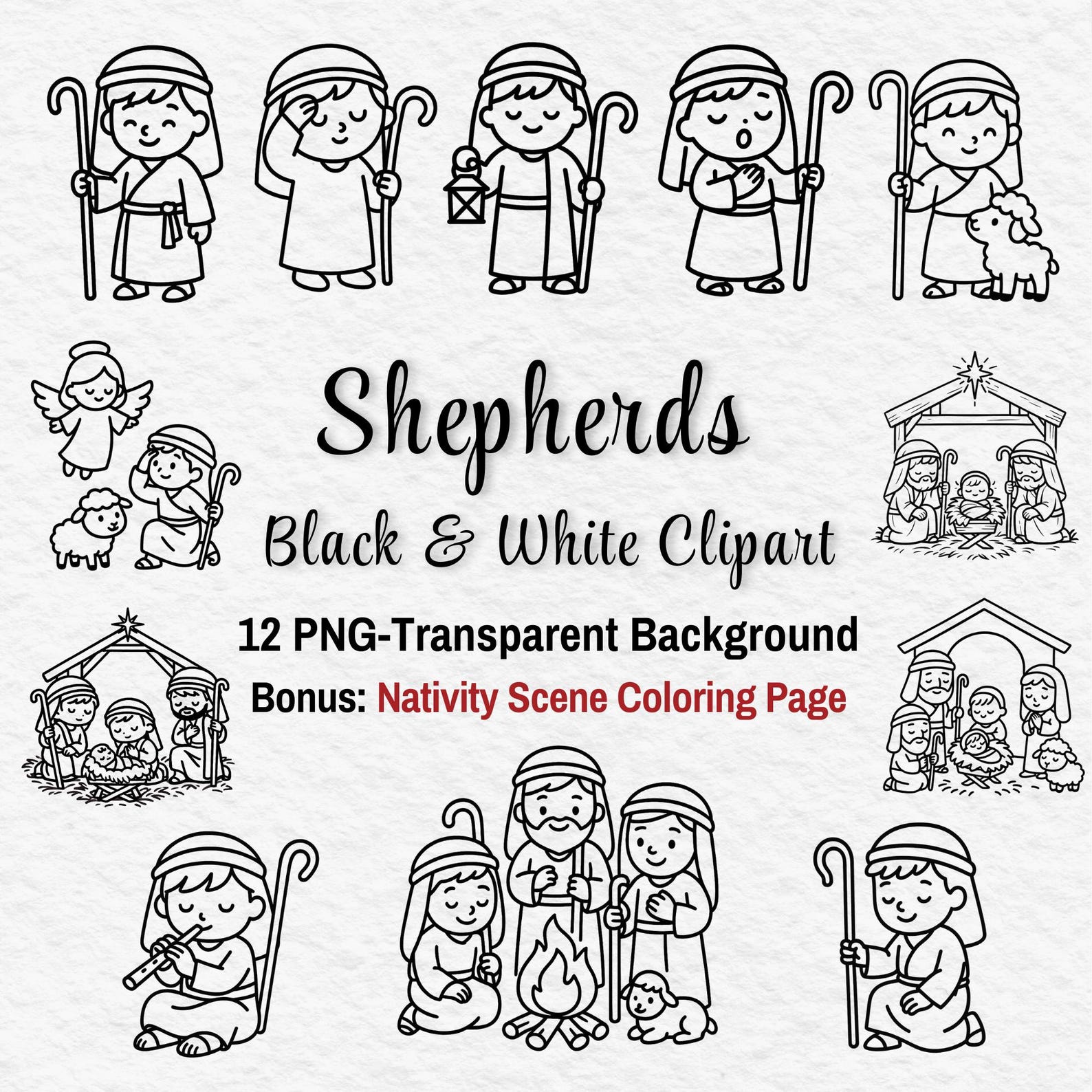 Shepherds Nativity Clipart Set | 10 Chibi Style B&W Transparent PNG ...