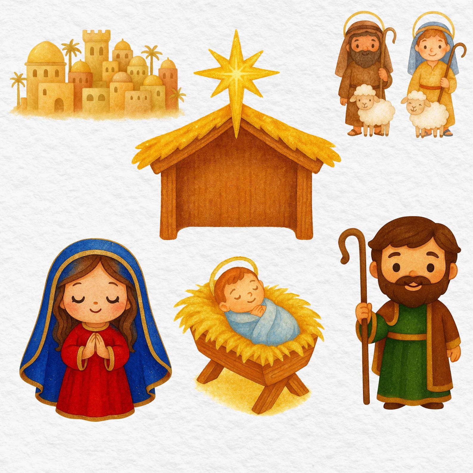 Gold Watercolor Nativity Clipart Set | Kawaii Christmas Holy Family PNG ...