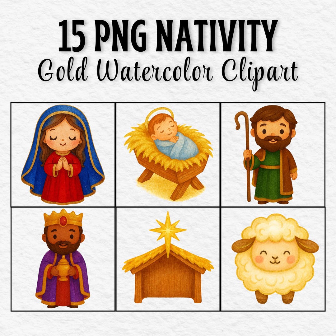Gold Watercolor Nativity Clipart Set | Kawaii Christmas Holy Family PNG ...