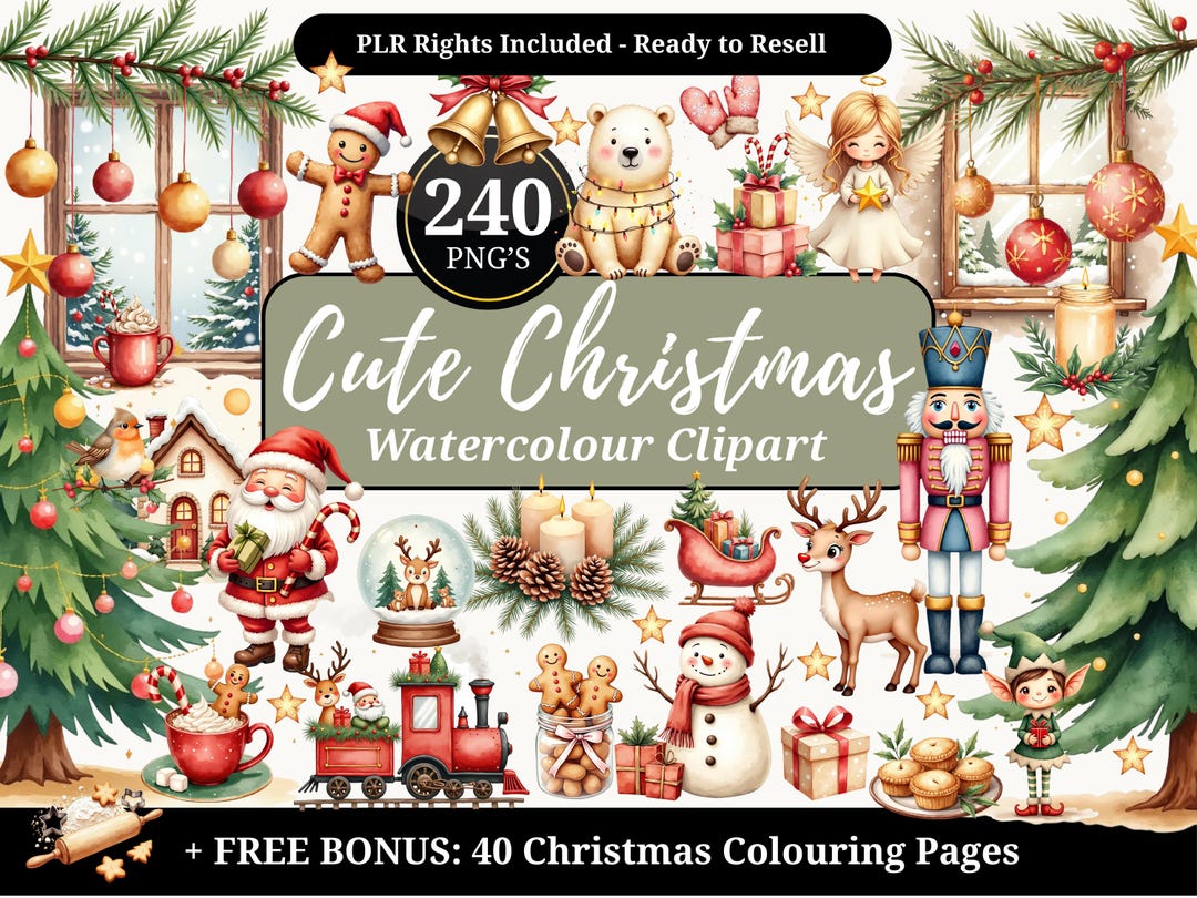Cute Christmas Watercolor Clipart Bundle: PLR Christmas Clipart Pack ...