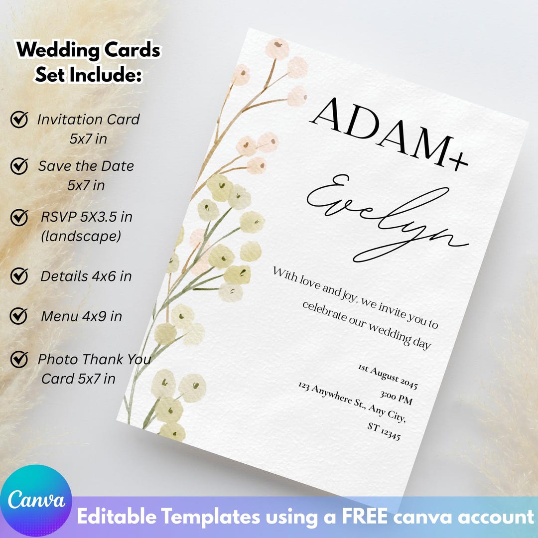 Watercolor Berry Wedding Invitation Set, Green & Blush (canva Template ...