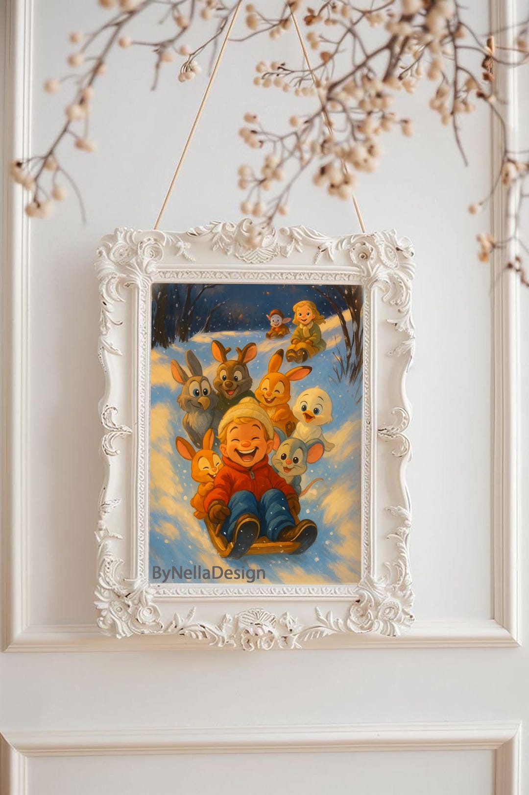 Whimsical Winter Sled Ride Nursery Wall Art – Cute Animal and Kid ...