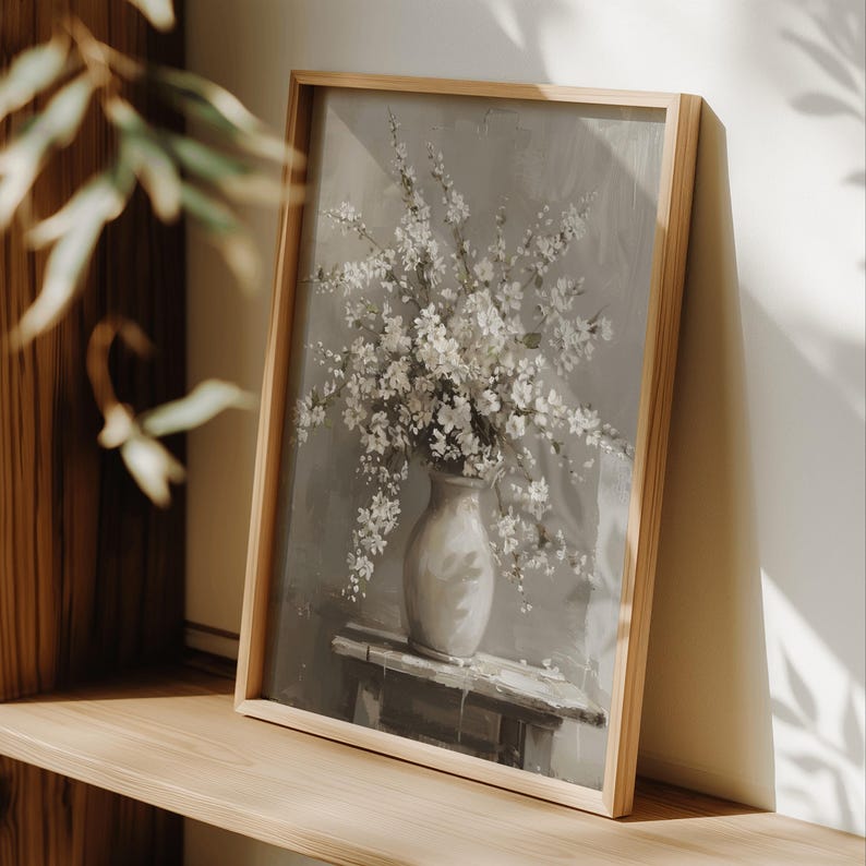 Vintage Floral Still Life Art Print | White Flowers in Vase (digital ...