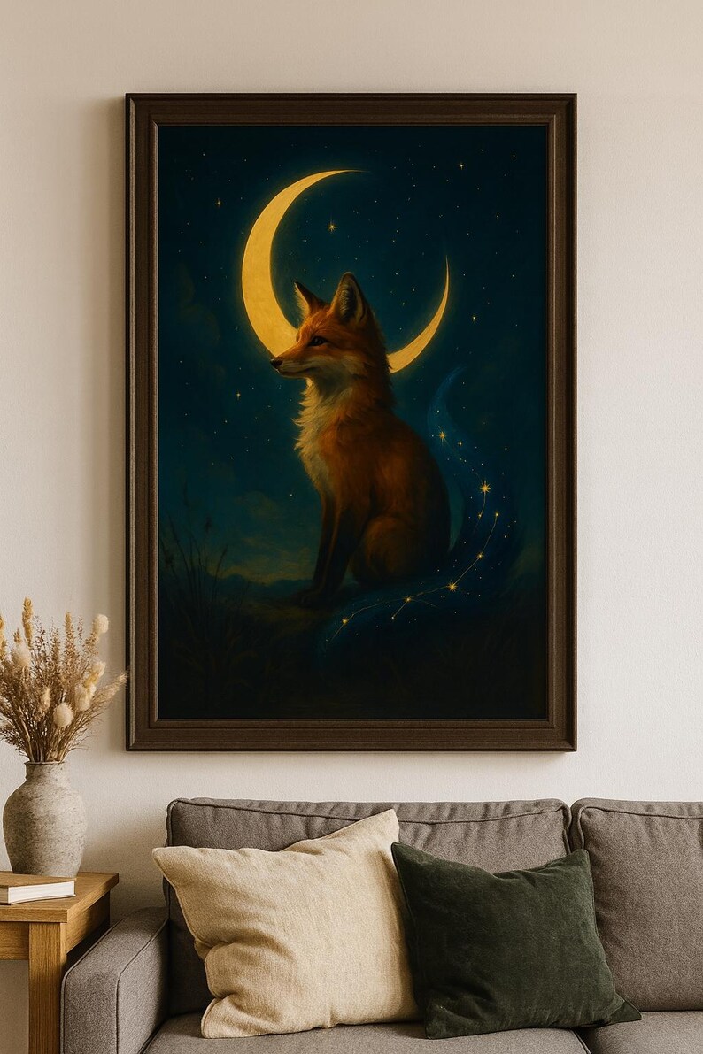 Moonlit Fox & Crescent Moon – Mystical Night Sky Printable Wall Art ...
