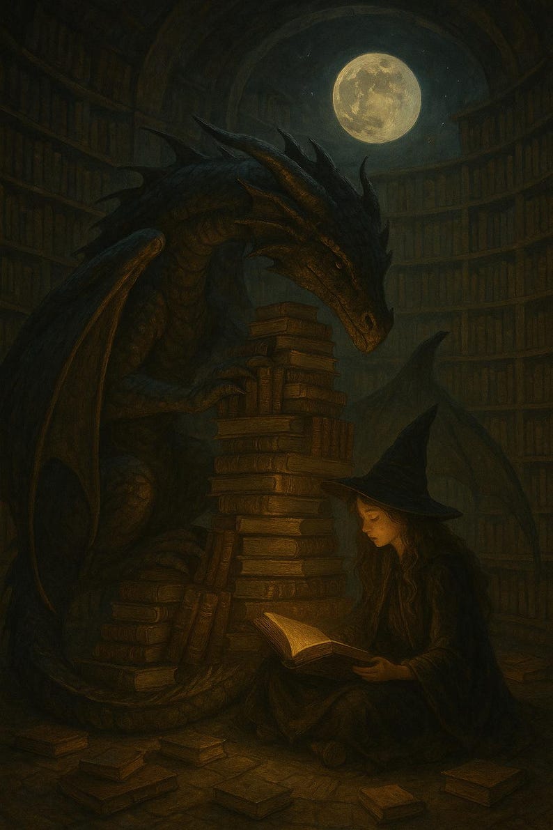 The Dragon Librarian – Witch and Dragon Library Art, Cozy Fantasy Book ...