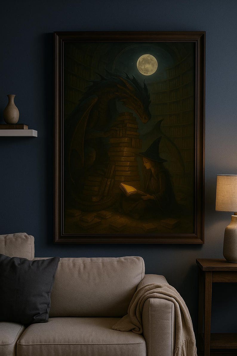 The Dragon Librarian – Witch and Dragon Library Art, Cozy Fantasy Book ...