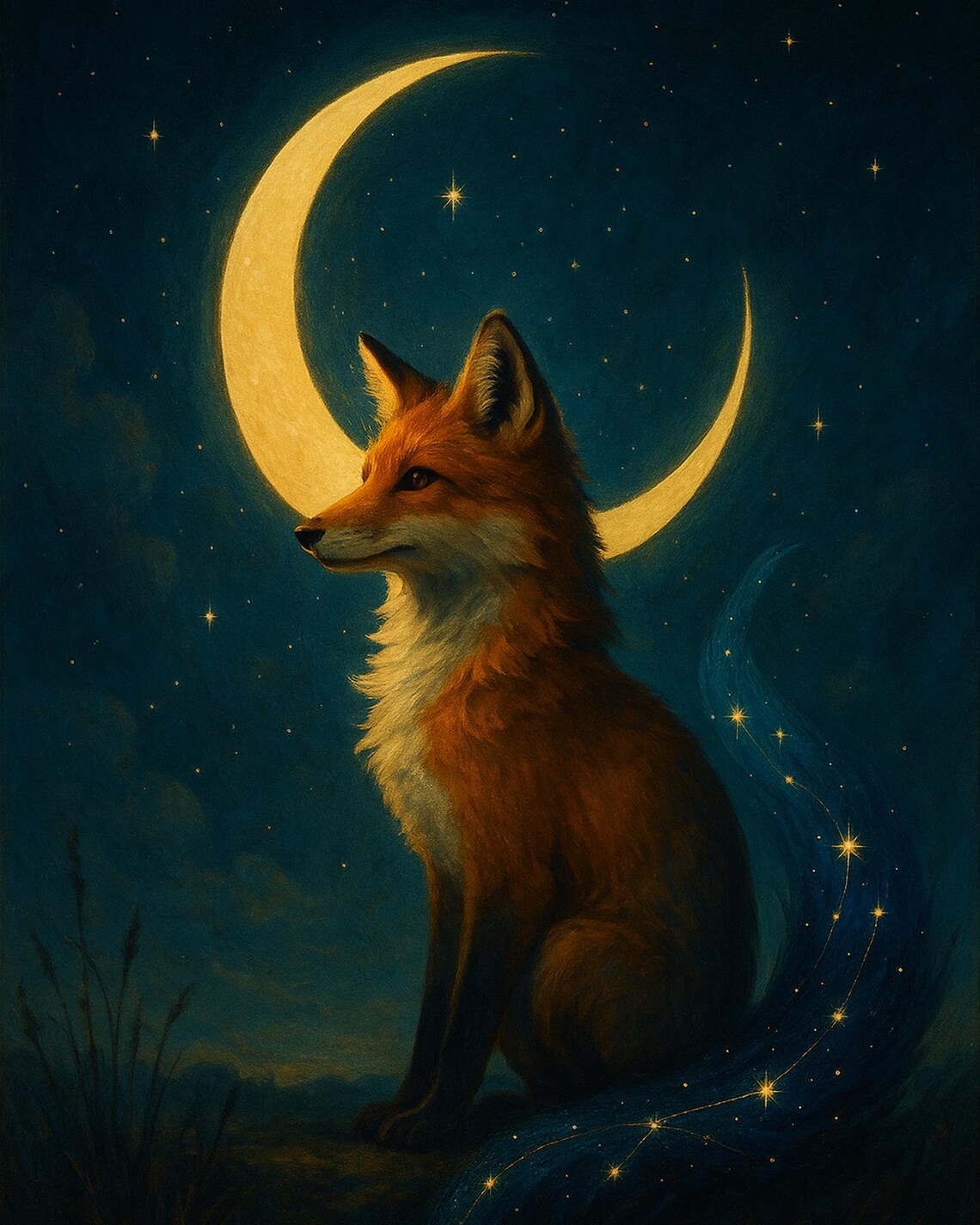 Moonlit Fox & Crescent Moon – Mystical Night Sky Printable Wall Art ...