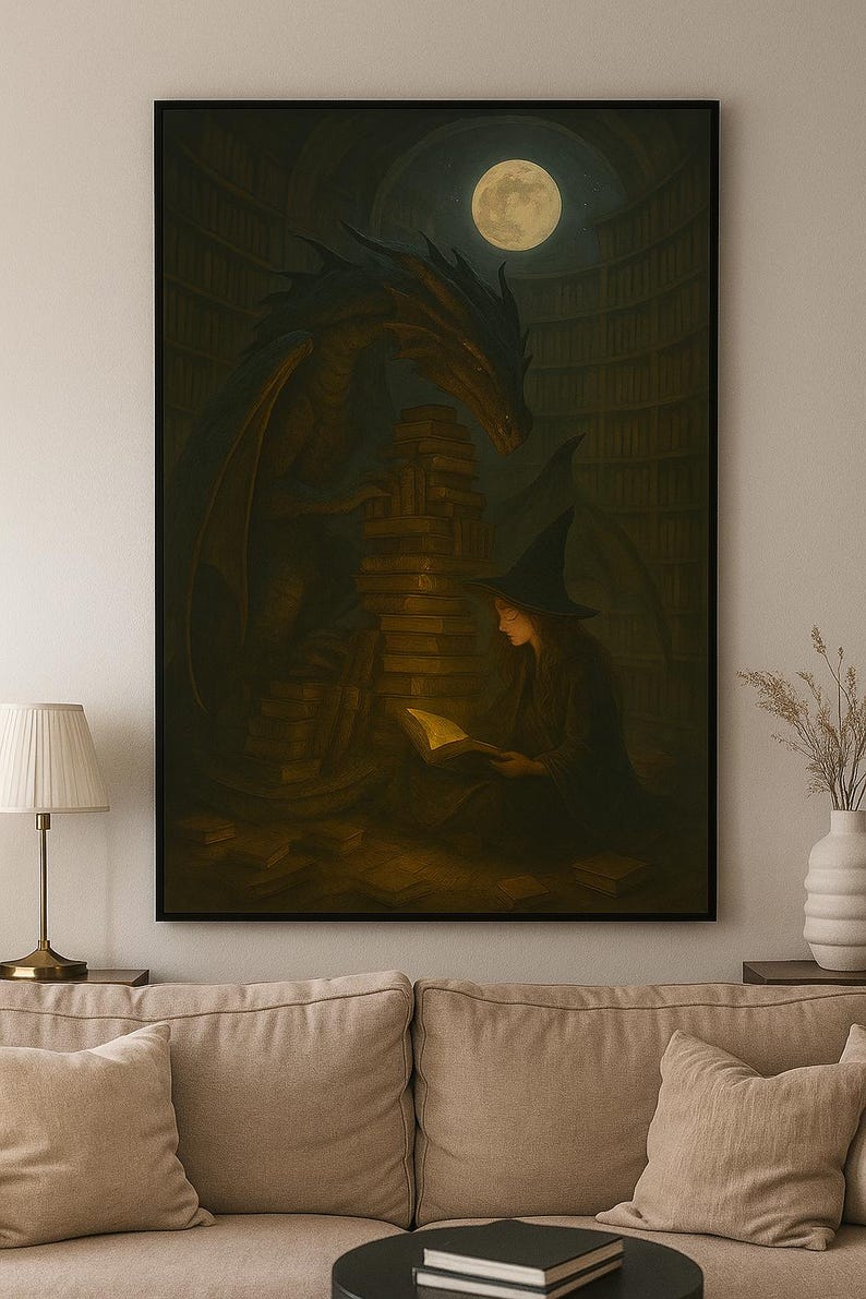 The Dragon Librarian – Witch and Dragon Library Art, Cozy Fantasy Book ...