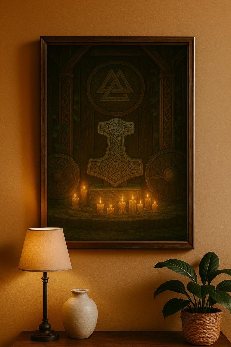 Thor Mjolnir Norse Altar Wall Art | Viking Valknut Candle Shrine ...