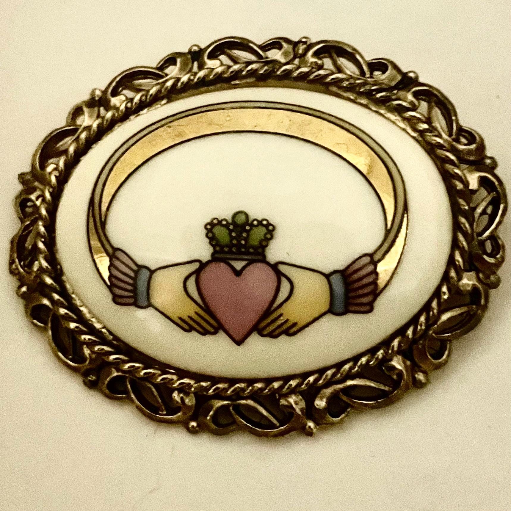 Irish Hand Painted Porcelain Brooch Donegal Claddagh Ring Pattern FREE ...