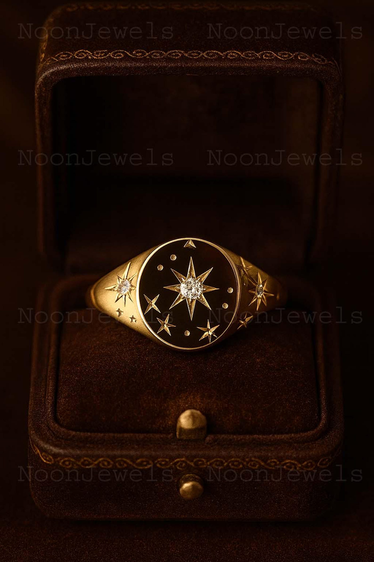 Vintage Diamond Celestial Signet Ring, 14k Solid Gold Star & Moon Dome ...
