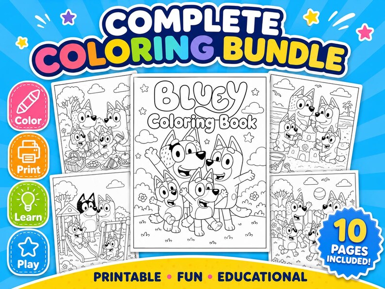 Bluey Coloring Book, 10 Pages Printable PDF for Kids - Etsy