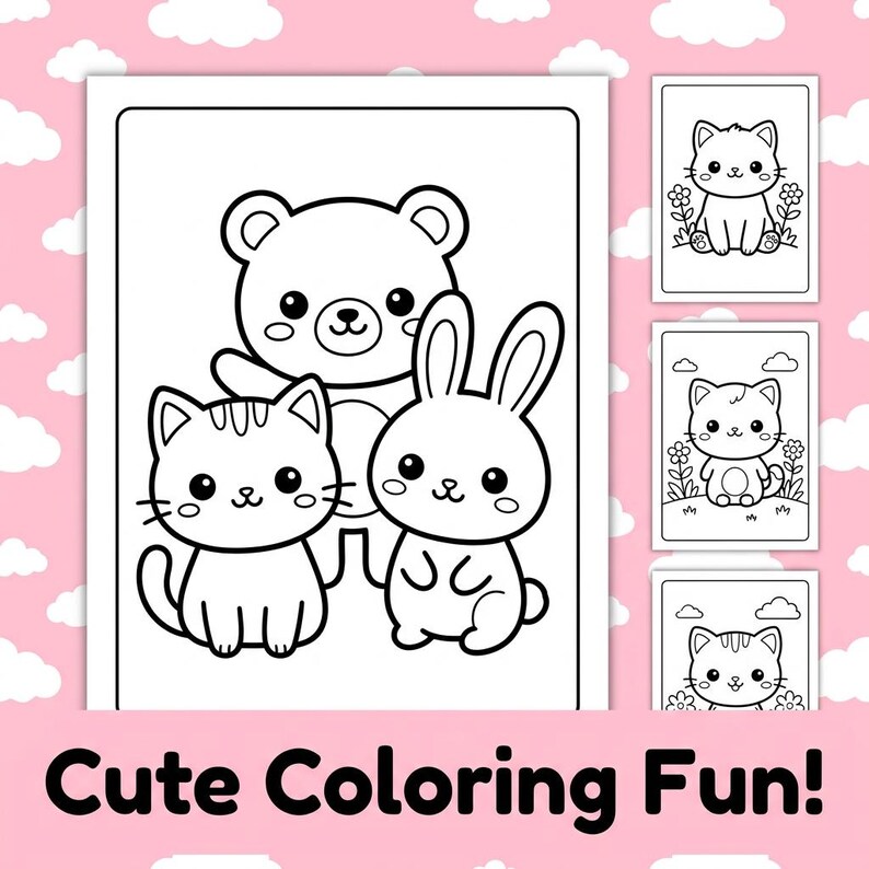Kawaii Animal Coloring Pages | Bear, Cat, Bunny | Printable PDF - Etsy