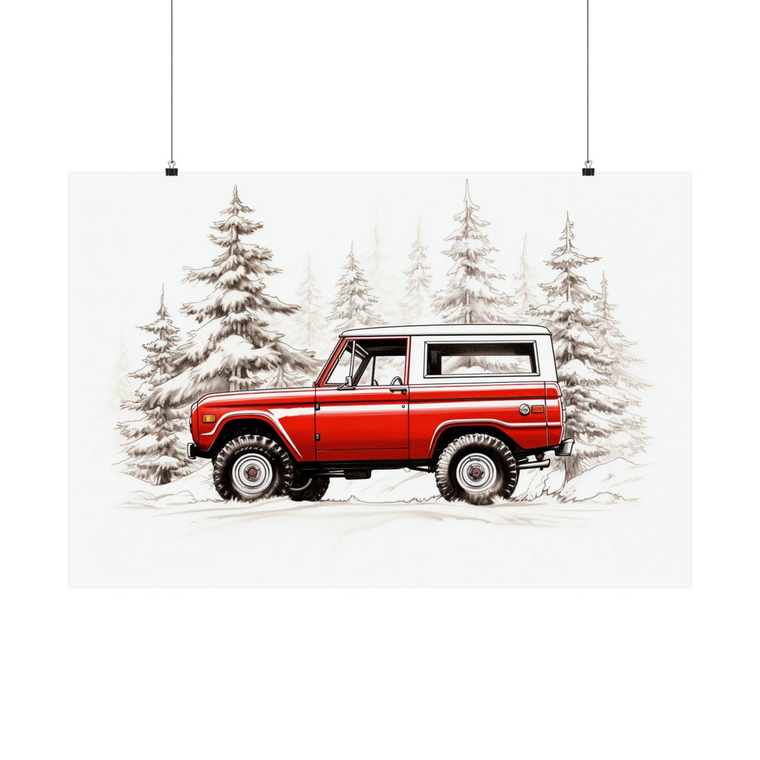 Classic Red Bronco Print, Bronco Christmas Winter Snow, Matte Fine Art ...