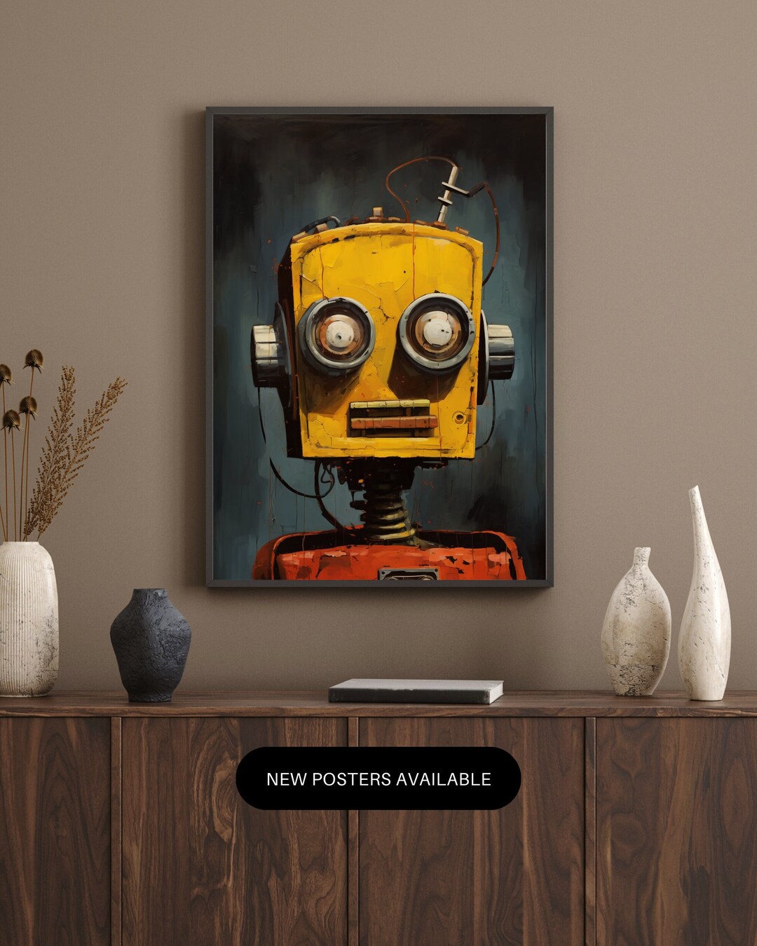 Robot Pop Art Instant Digital Painting Download, Yellow Steam Punk Retro Yellow Robot Abstract ...