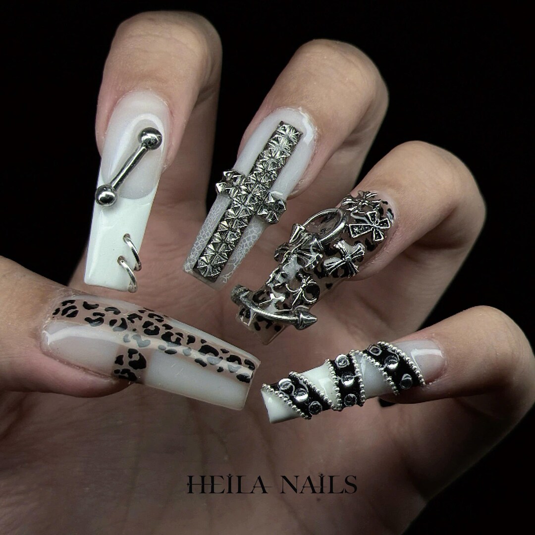 Handmade Gothic Leopard Print Press on Nails: 3D Chrome Charms - Etsy
