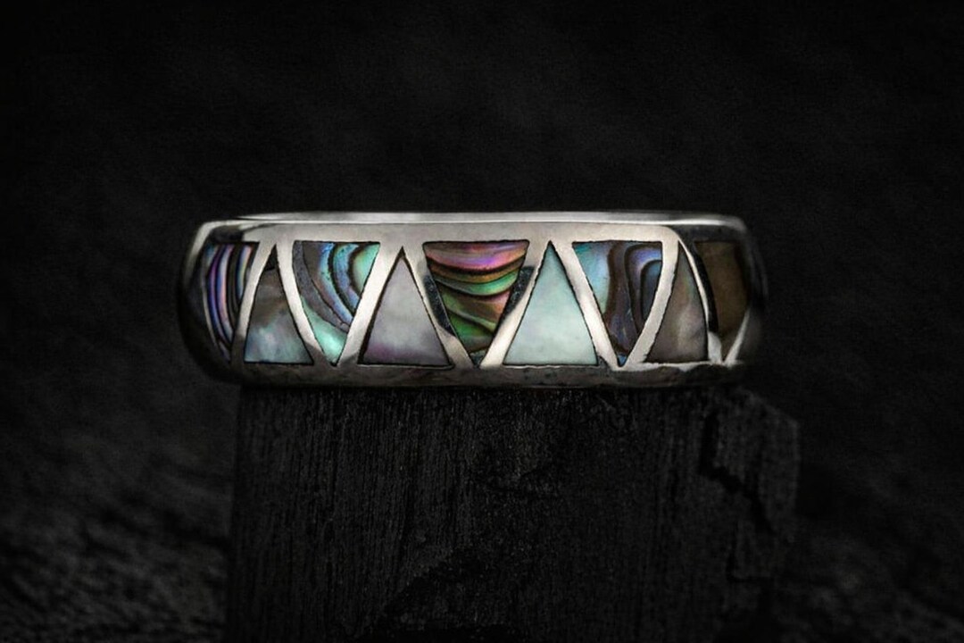 Abalone Shell & Mother of Pearl Inlay Ring | Geometric Triangle ...