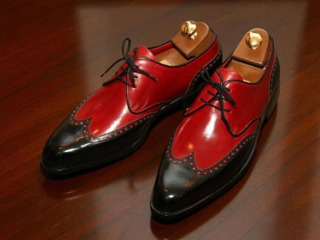 Handmade Men's Two Tone Red & Black Wing Tip Lace up Oxford Formal ...