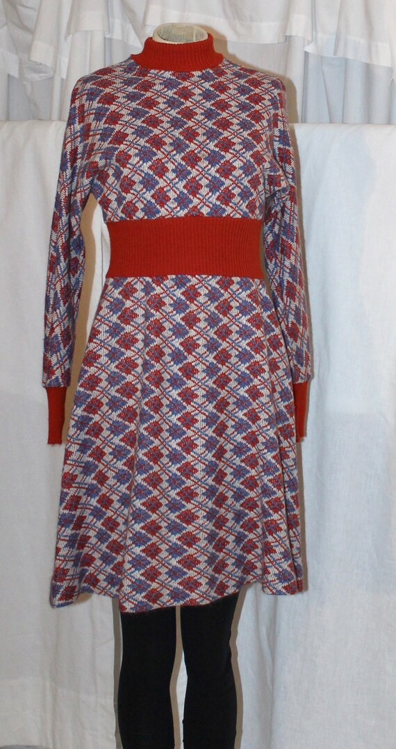 Vintage 60s Knit Dress Rust & Blue Argyle Mod Fall Winter - Etsy