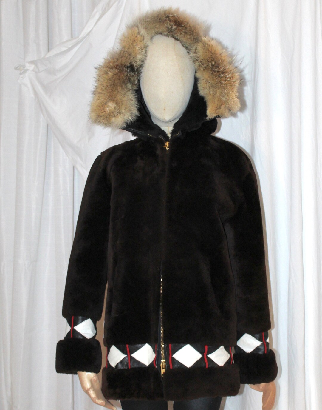 Vintage Fur Parka Eskimo Inuit Style Zip Front Hooded Deep Brown With B ...